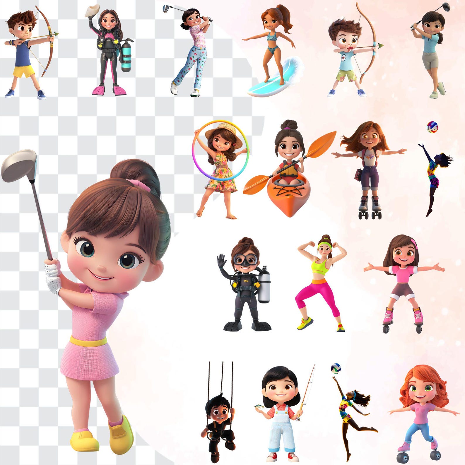 Summer Sports Clipart Bundle | Cute 3D Kids Playing Sports PNG ...