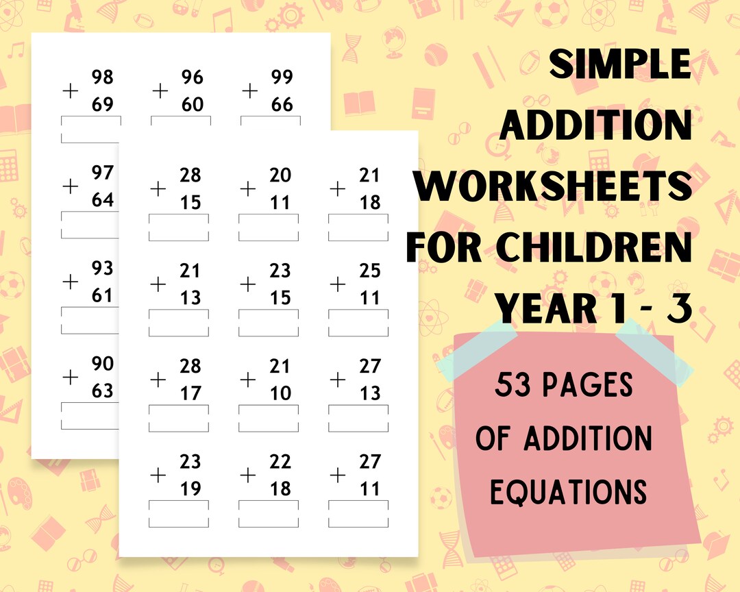 Simple Addition Worksheets for Kids, 53-page Bundle, Printable PDF, 600 ...