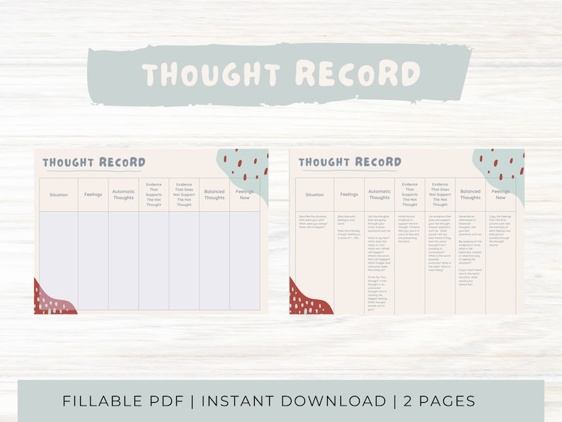 Thought Record | CBT | Fillable PDF | Therapy Resource | Thought ...