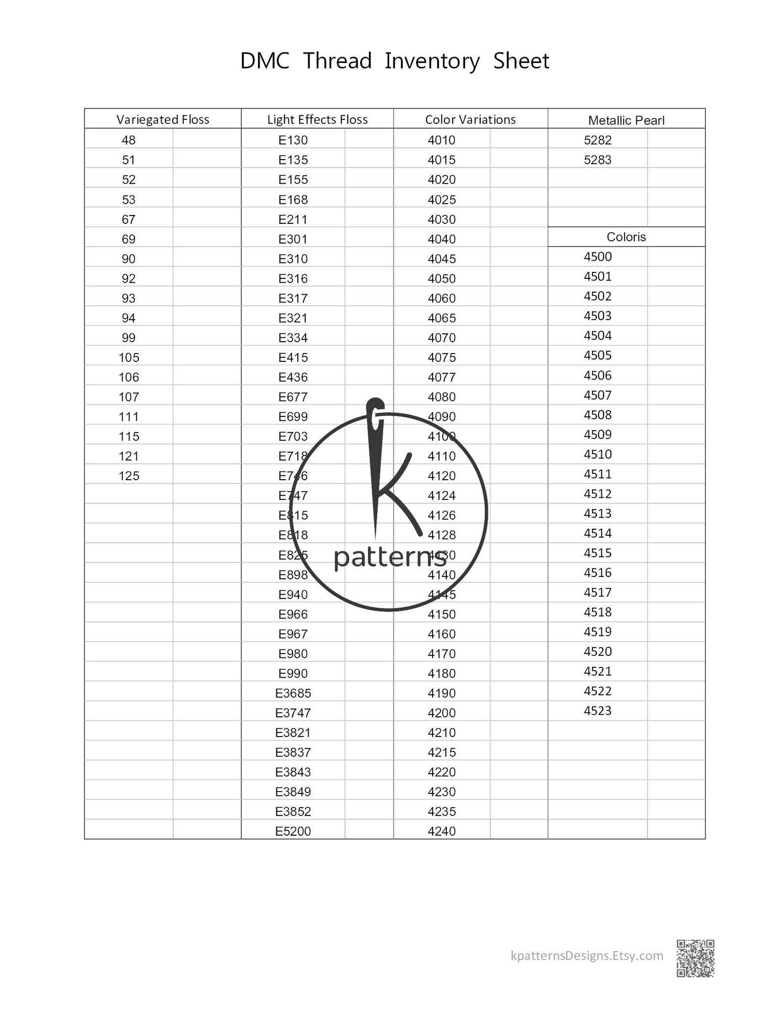 Minimalistic DMC Thread Inventory Sheet: Printable Floss Tracker ...