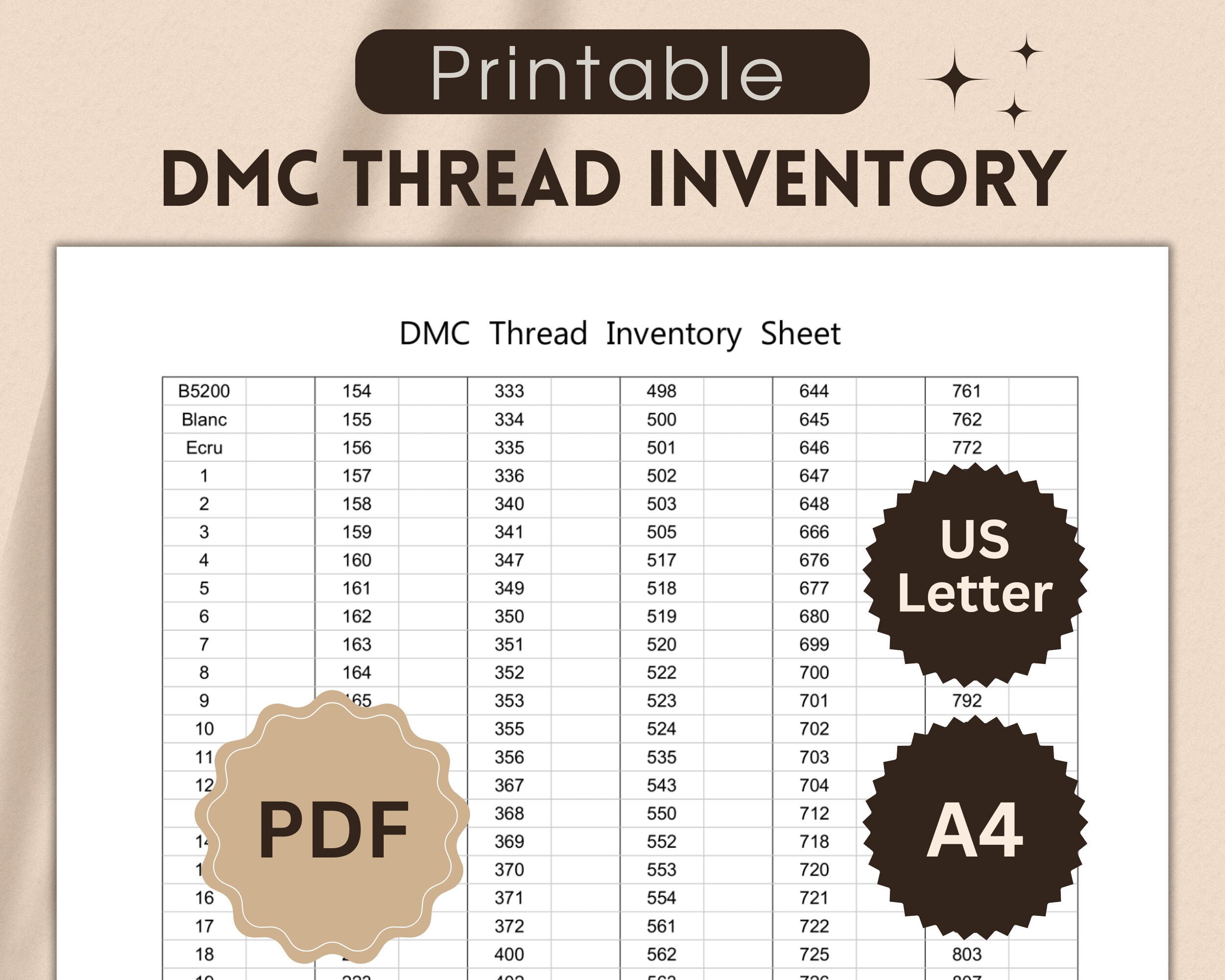 Minimalistic DMC Thread Inventory Sheet PDF, Printable Cross-stitch ...