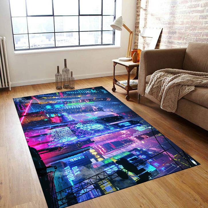 Blue Rug, City Rug, Neon Rug, City View Rug, Gaming Room Rug, Gamer Rug ...
