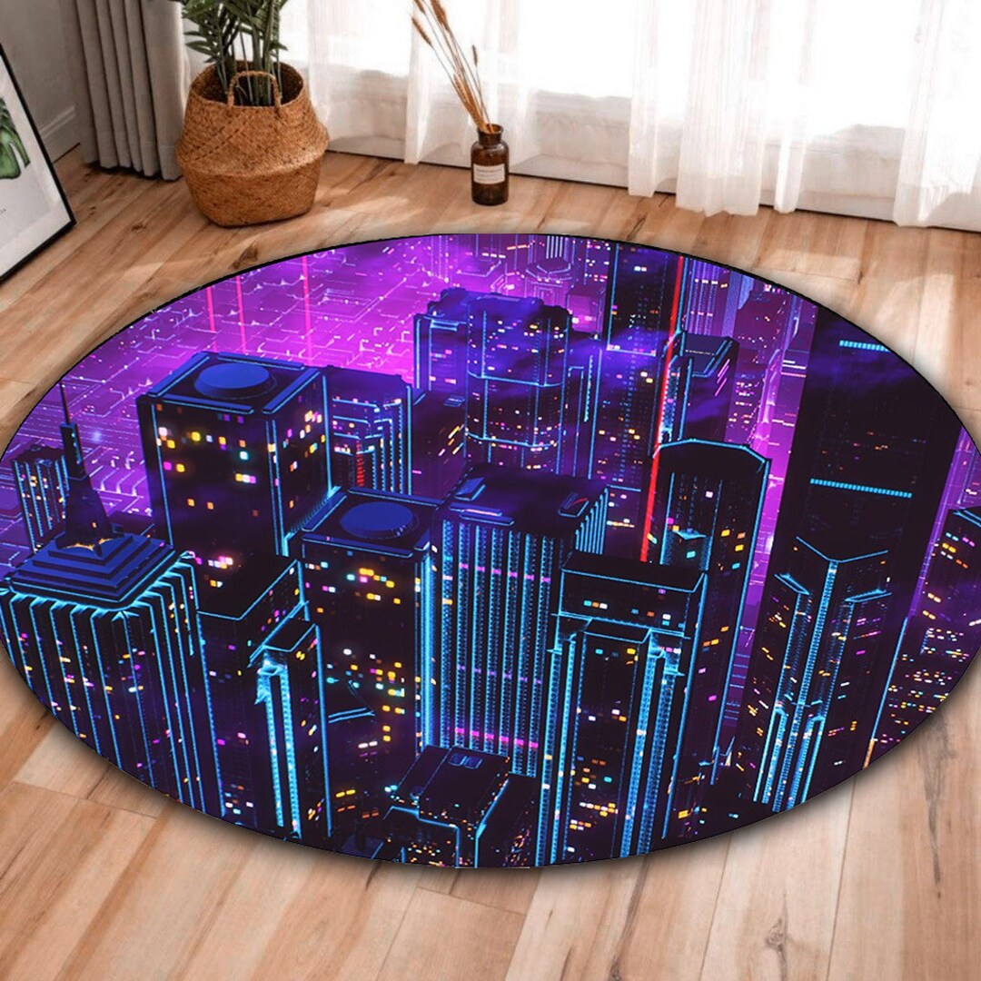 City Rug, Neon Rug, Round Rug, Gaming Room Rug, Gamer Rug, Colorful Rug ...