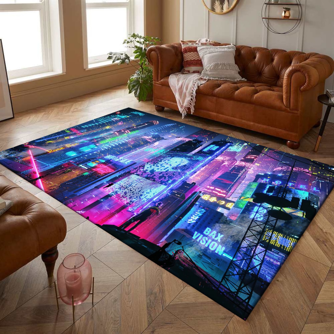 Blue Rug, City Rug, Neon Rug, City View Rug, Gaming Room Rug, Gamer Rug ...