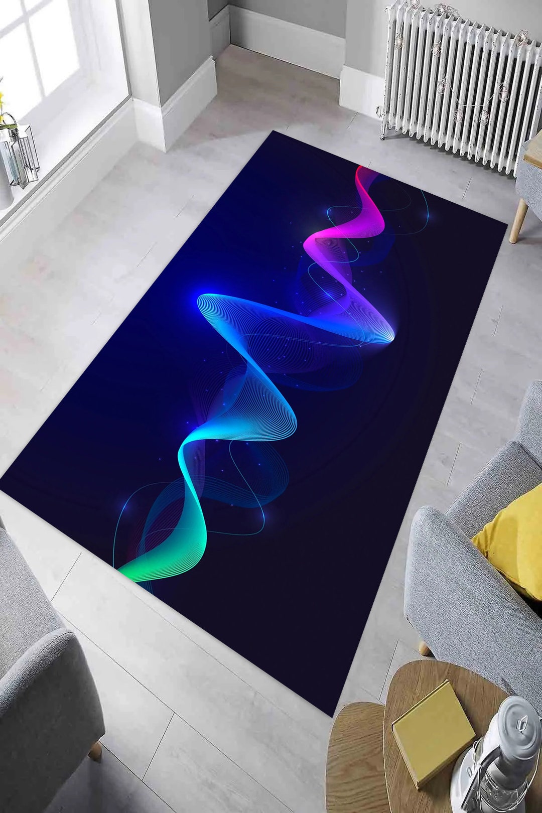 Neon Lights Waves Rug, Colorful Waves Neon Rug, Waves Rug, Modern Rug ...