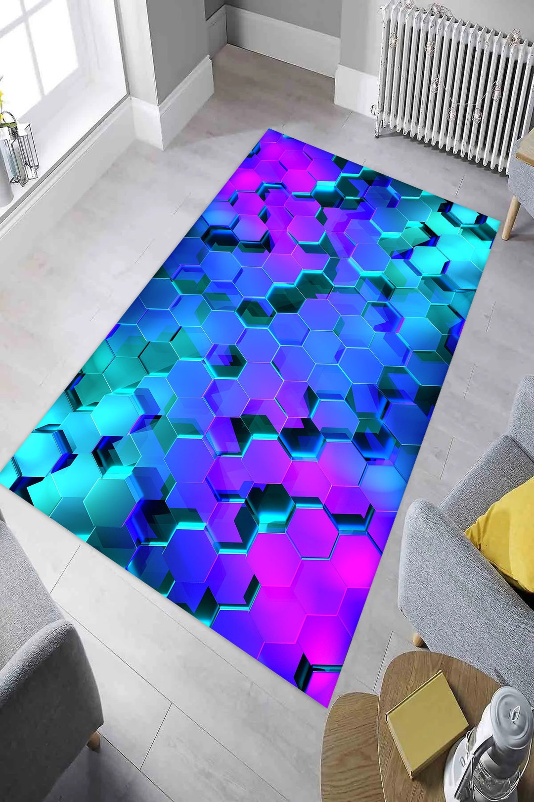 3D Blue Rug, 3D Rug, Blue Neon Rug, Hexagons Neon Rug, Hexagons Blue ...
