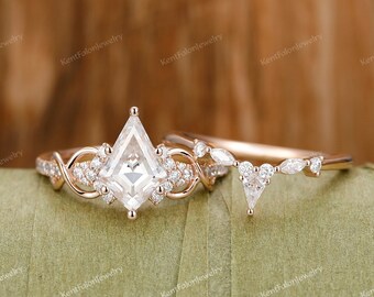 Kite Cut Moissanite Engagement Ring Set Unique Rose Gold Diamond Ring ...