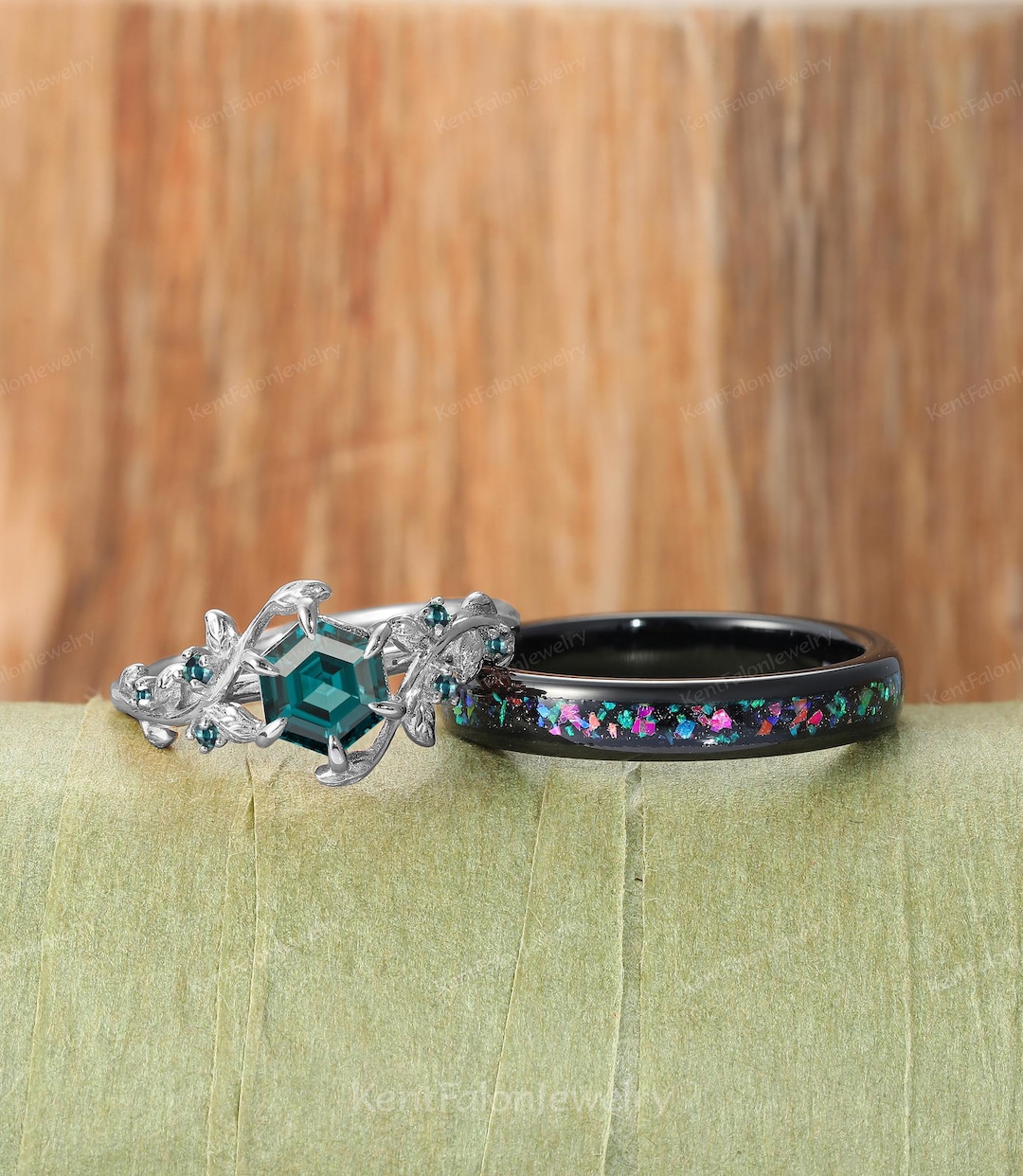 Couple Ring Promise Ring Unique 6mm Hexagon Cut Green Sapphire Couple ...