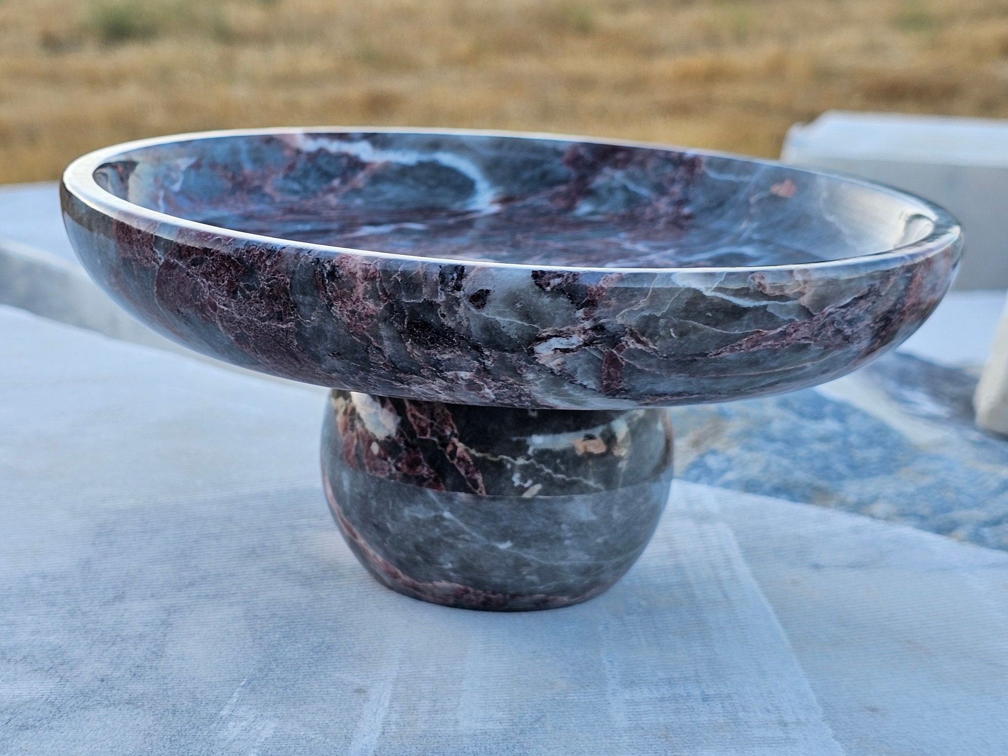 Red Marble Serving Bowl, Natural Calacatta Viola Marble, Pedestal ...