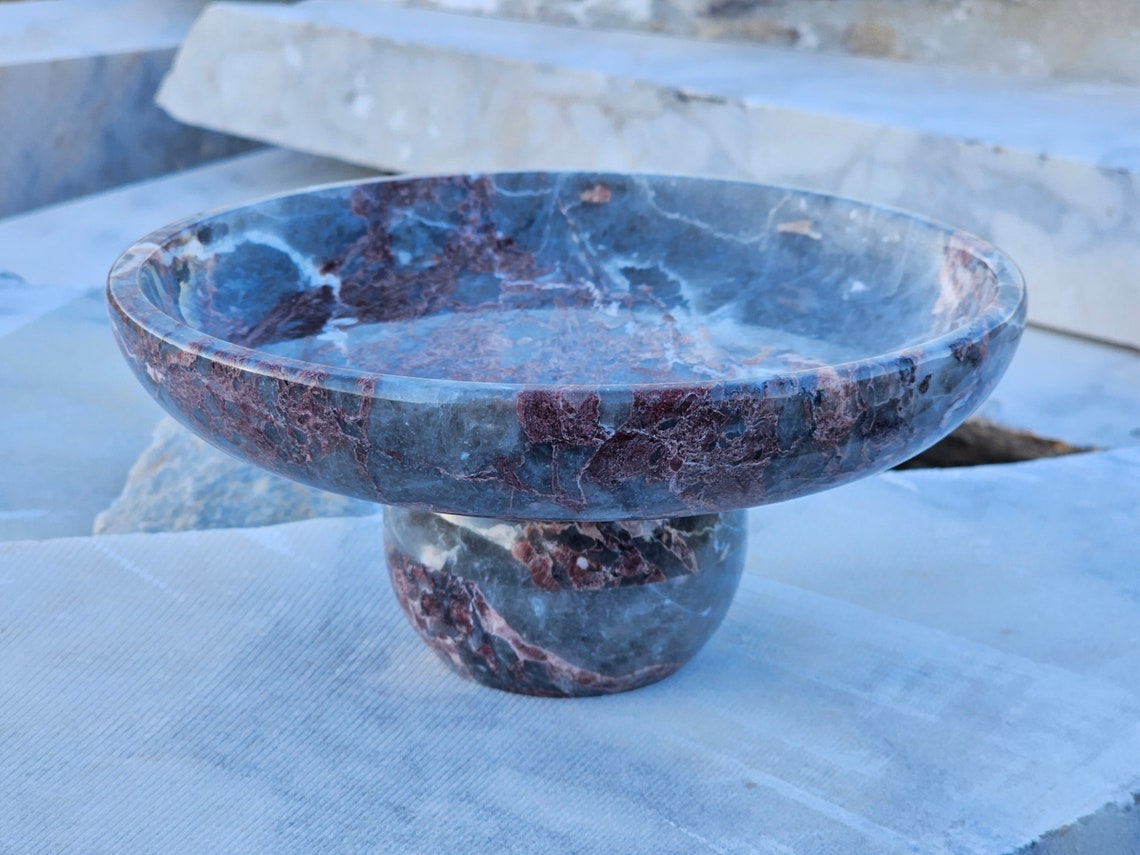 Red Marble Serving Bowl, Natural Calacatta Viola Marble, Pedestal ...