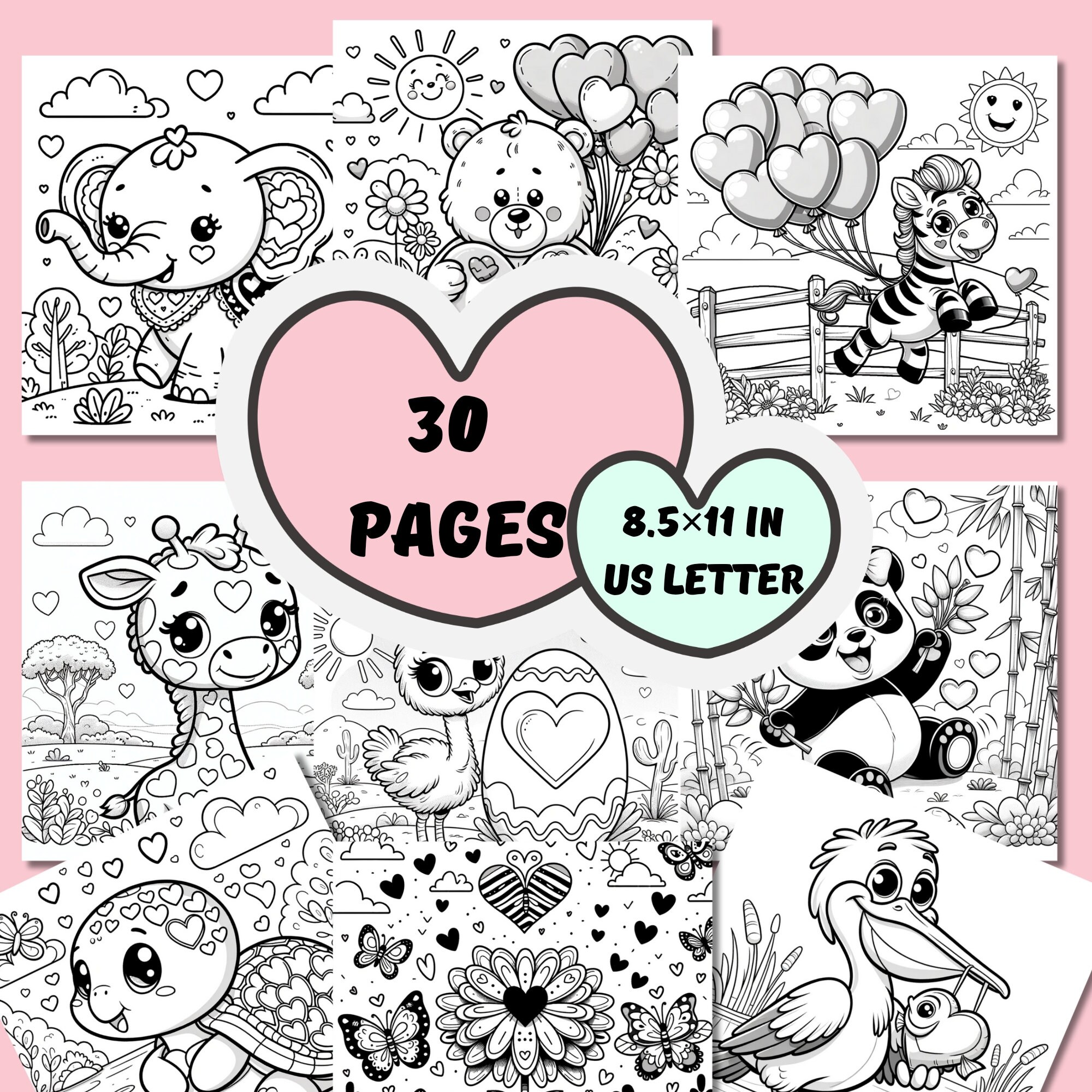 30 Pages of Valentine's Day Animal Coloring Book for Children ...