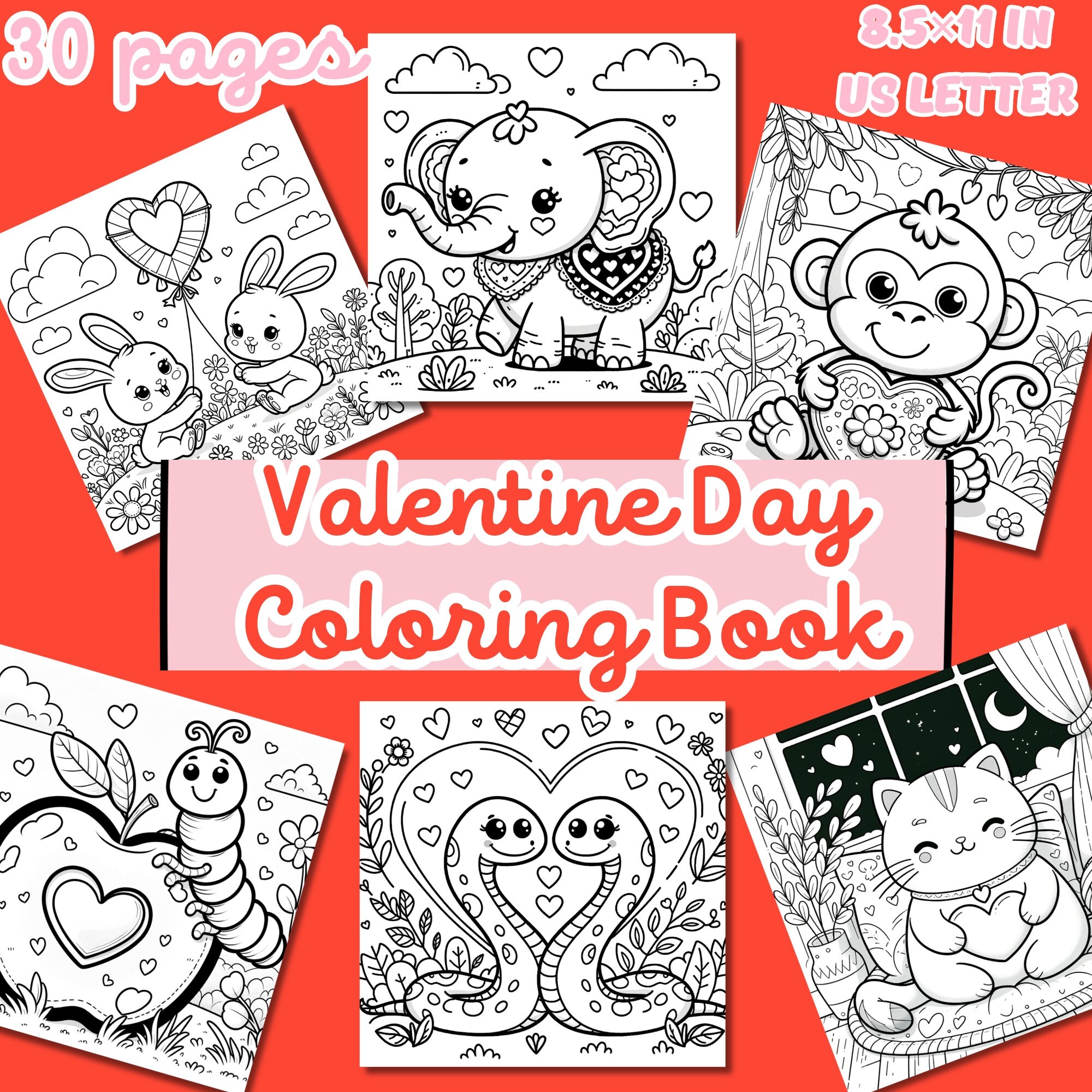 30 Pages of Valentine's Day Animal Coloring Book for Children ...