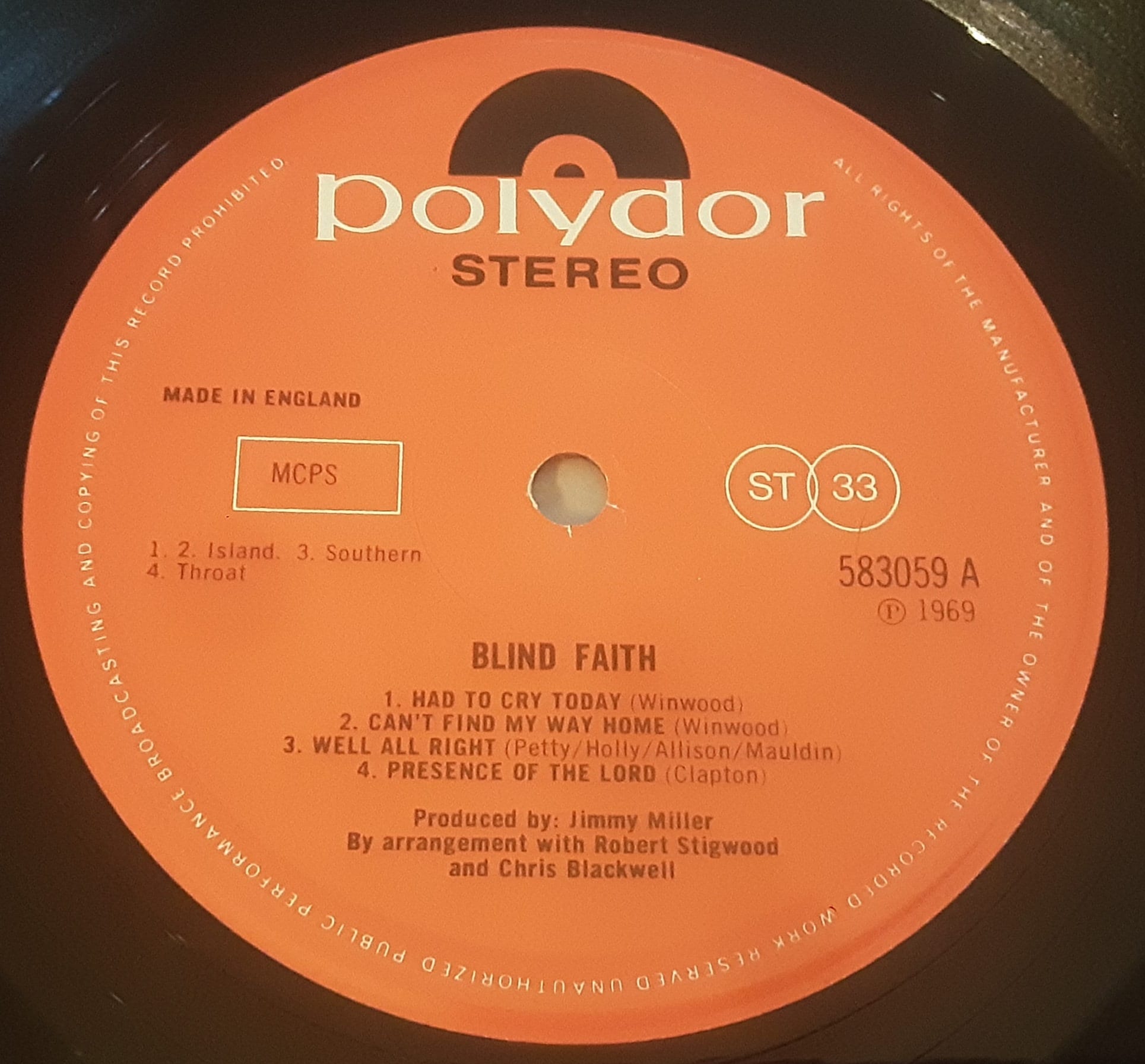 Blind Faith Self-titled Record Lp U.K. Pressing 1969 Polydor Excellent ...