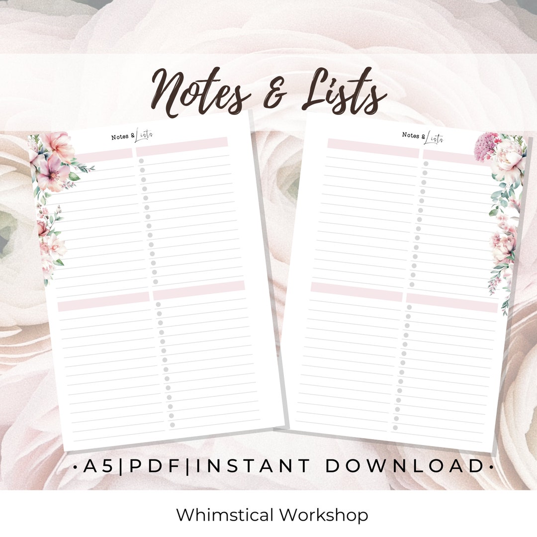 A5 Notes and Lists Planner Insert, Printable Notes Planner Pages, A5 ...