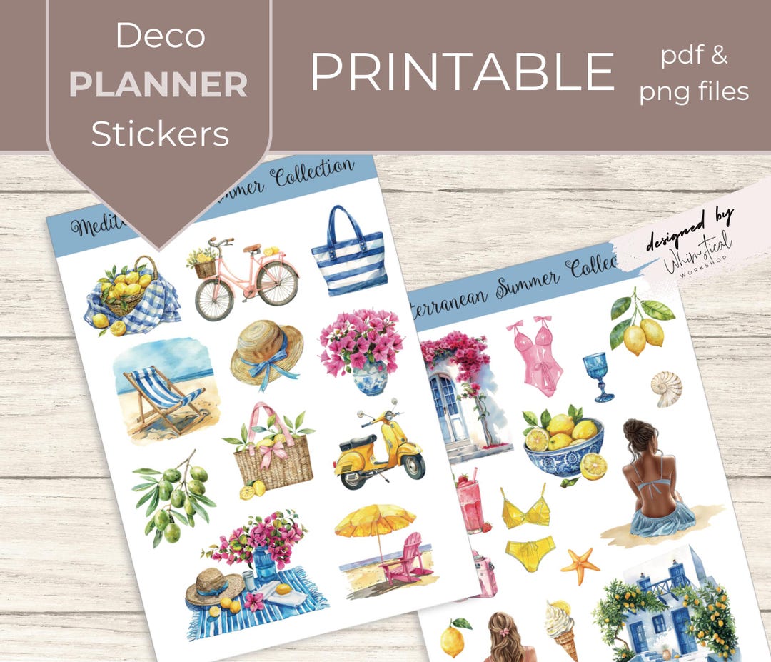 Mediterranean Summer Stickers: Beach Travel Scrapbook (printable PNG ...