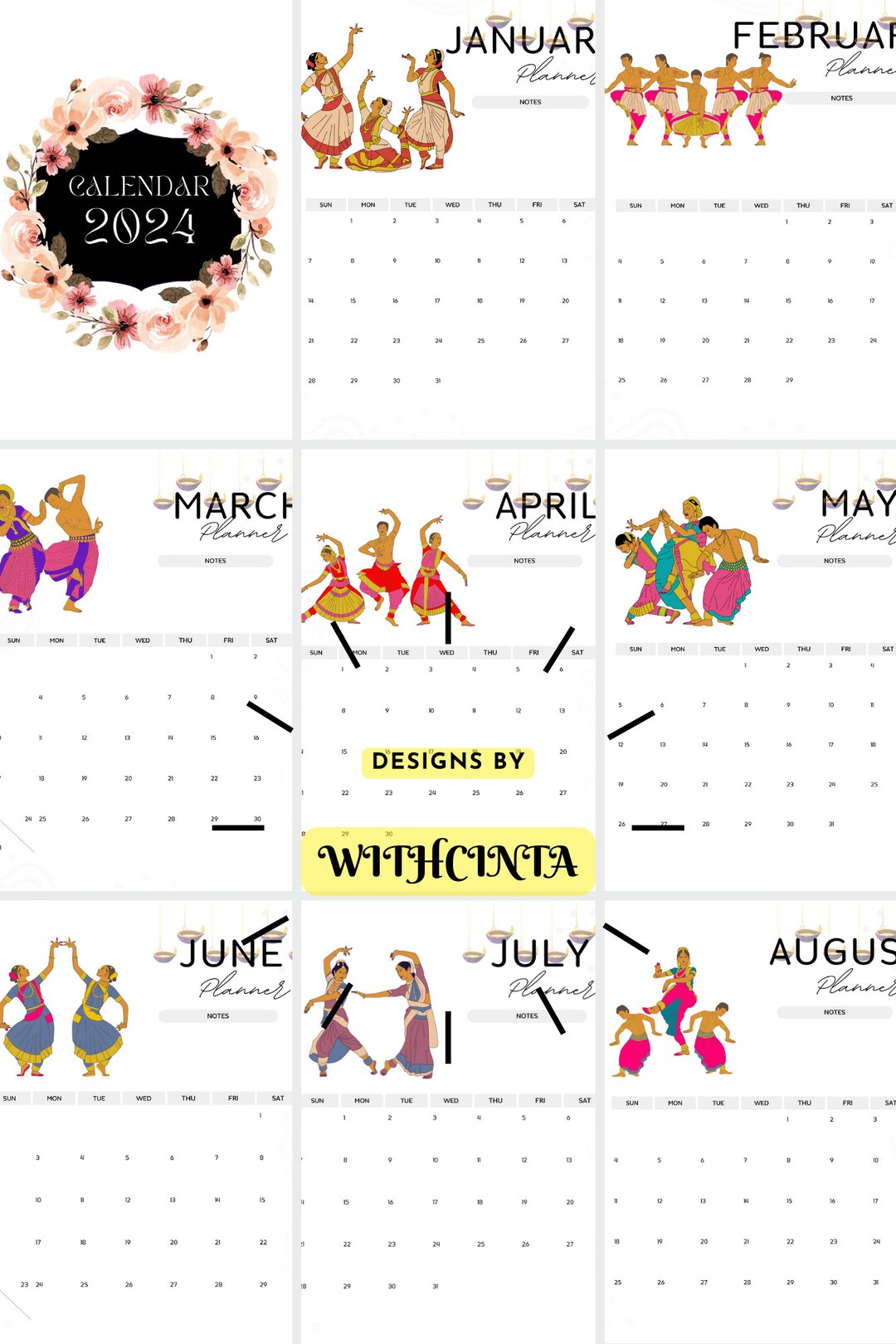 Buy Indian Dance Calendar 2024 Printable Calendar Letter Size Digital ...