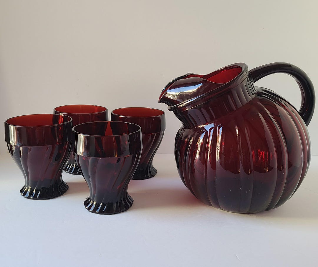 Vintage Anchor Hocking Ruby Red Tilt Ball Swirl Pitcher With Glasses - Etsy
