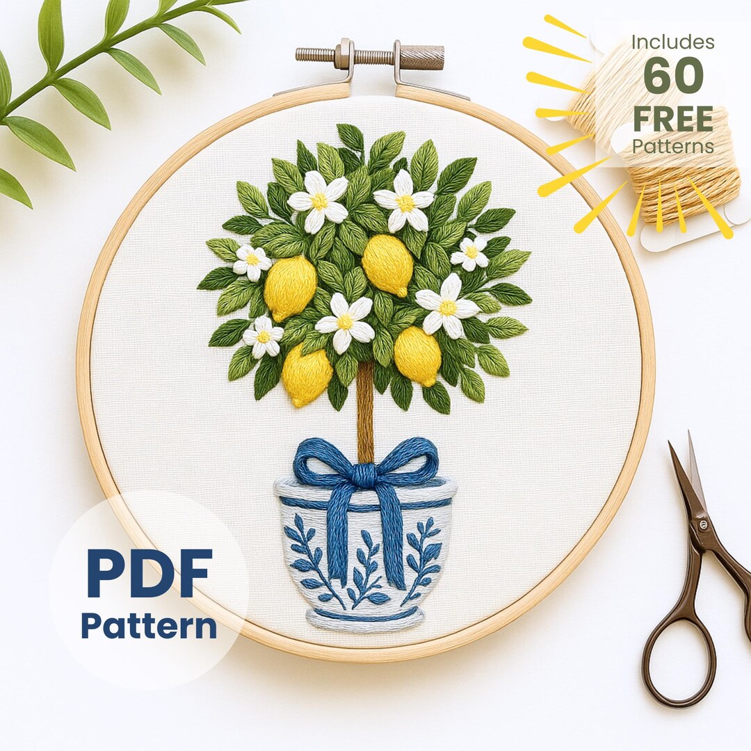 Lemon Plant Embroidery Pattern: Mediterranean Kitchen Decor (PDF ...