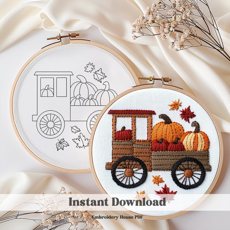 Autumn Pumpkin Train Embroidery Pattern: Beginner DIY Craft (digital ...