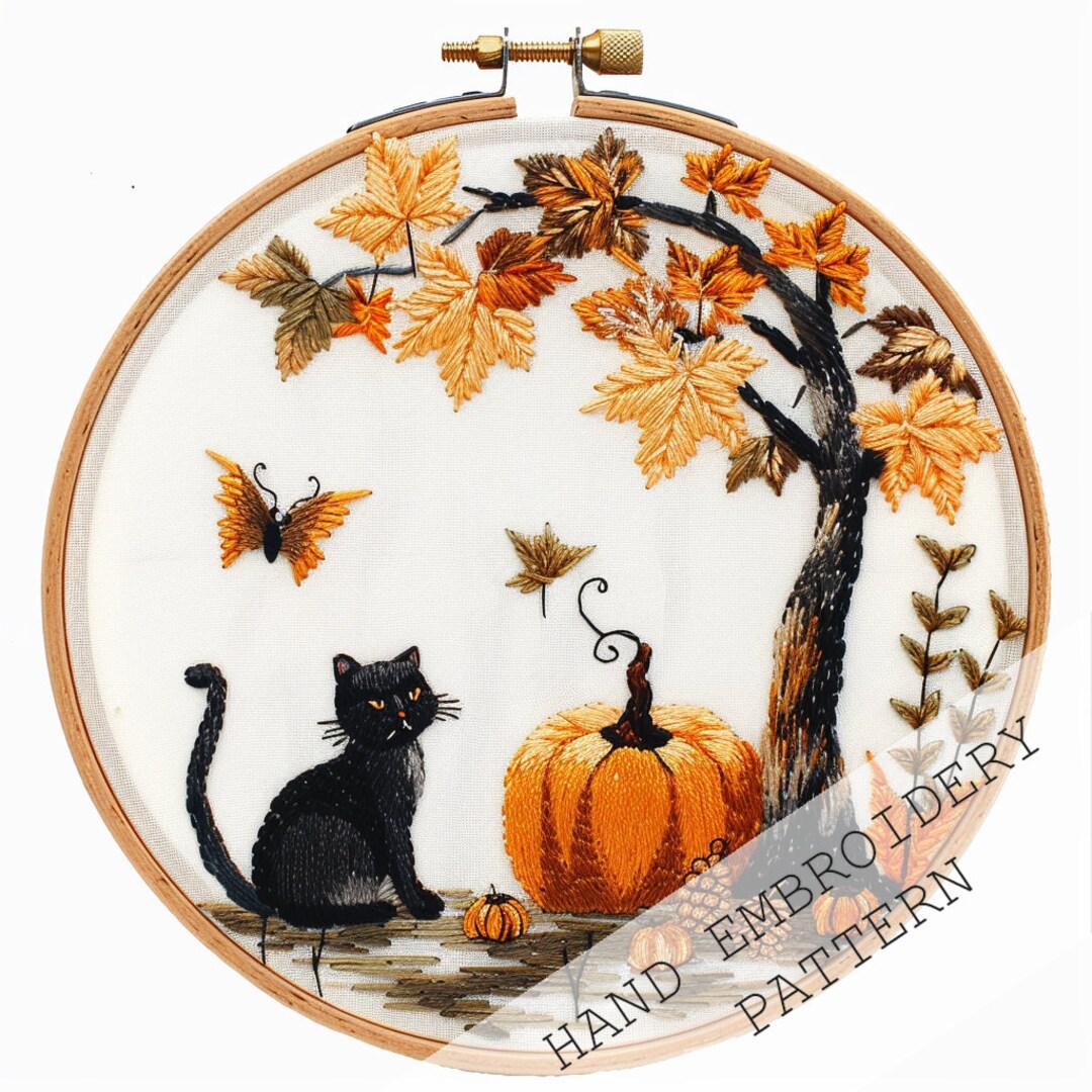 Halloween Cat Embroidery Pattern, Cute Cat Embroidery, Cat Lover Gift ...