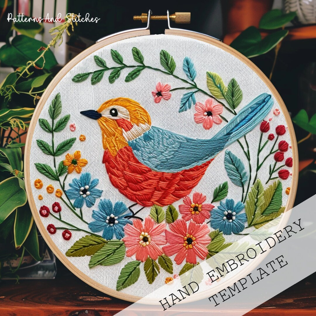 Cute Bird Embroidery Pattern, Modern Embroidery, Botanical Embroidery ...
