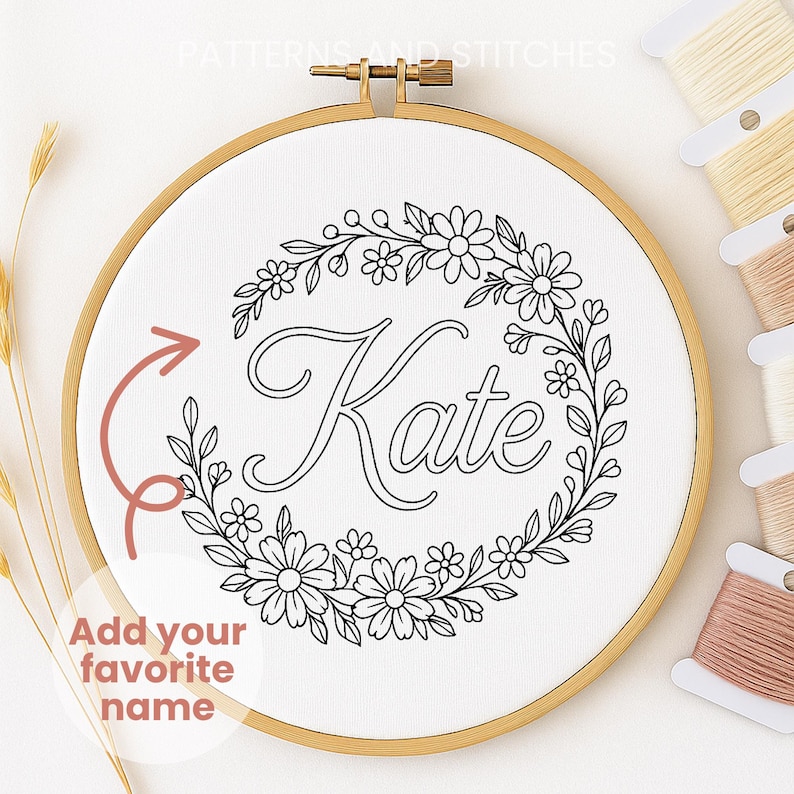 Custom Floral Name Embroidery Pattern: Pastel Wreath, Daisies (PDF in 6 ...