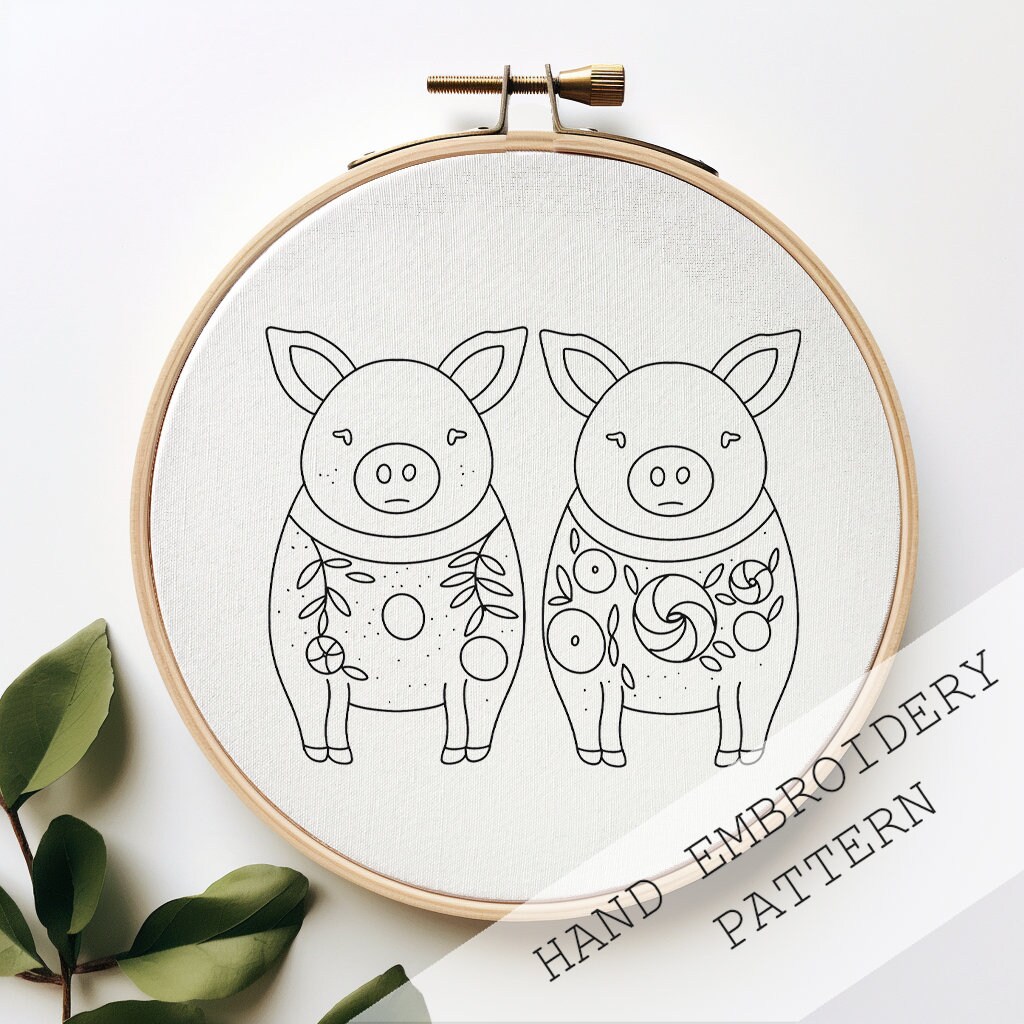Pig Flowers Embroidery Pattern, Cute Pig Embroidery, Cute Piggy Pattern ...