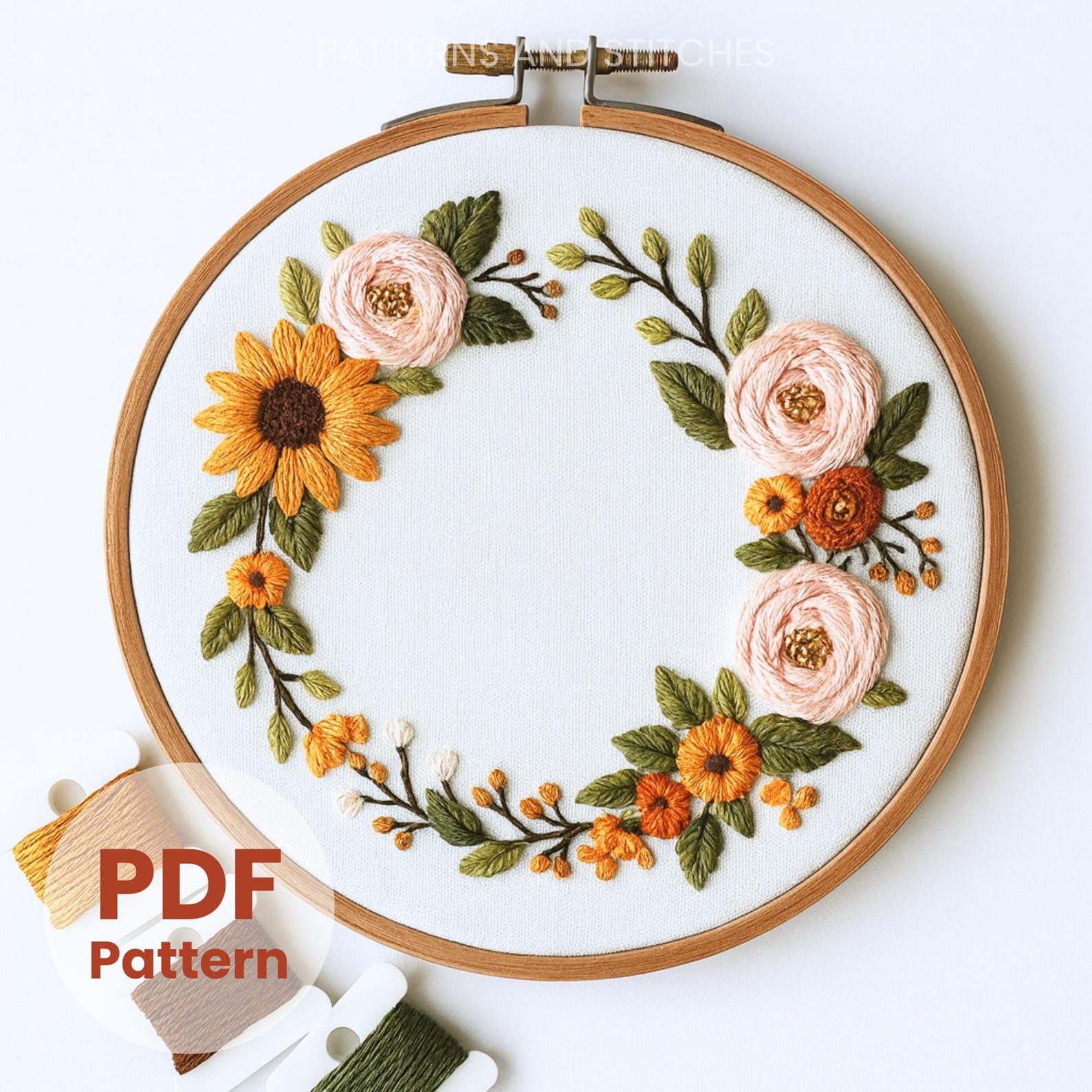 Sunflower Rosehip Embroidery Pattern: Autumn Wreath Needlepoint, Spring ...