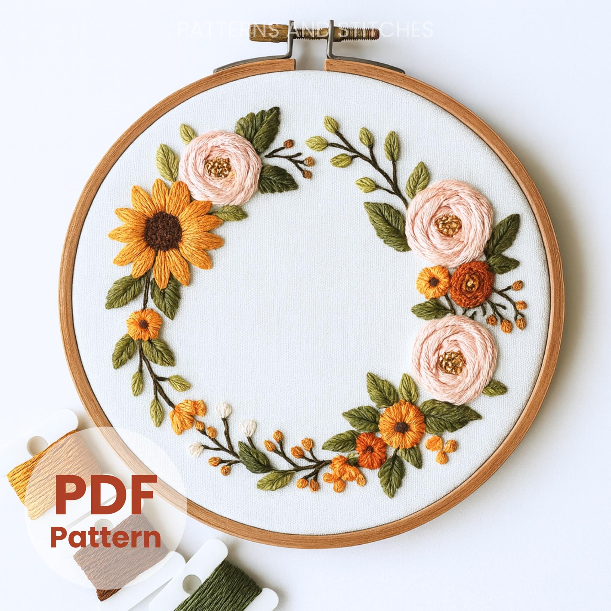Sunflower Rosehip Embroidery Pattern: Autumn Wreath Needlepoint, Spring ...
