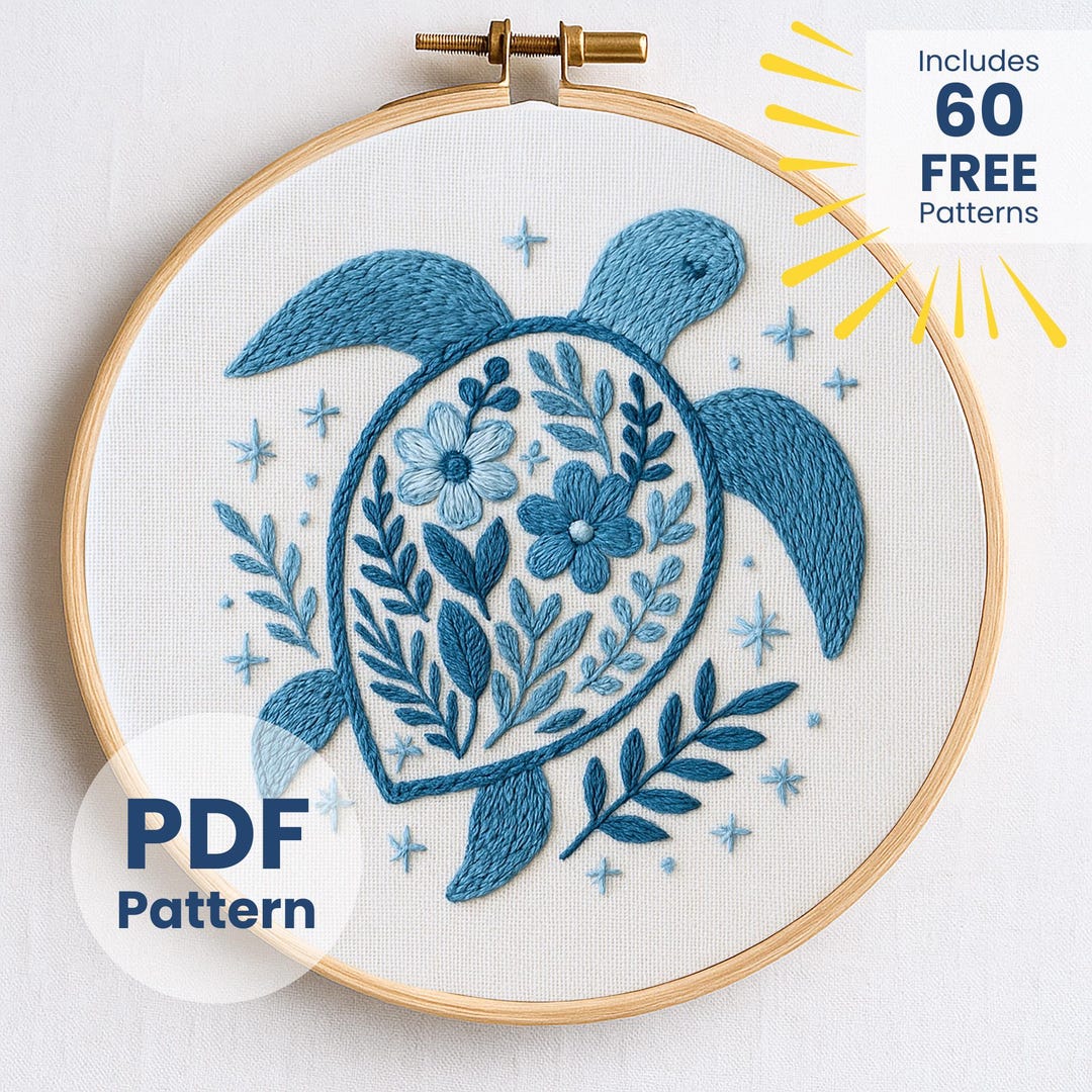 Floral Sea Turtle Embroidery Pattern: Beginner Hoop Art, Coastal Decor ...