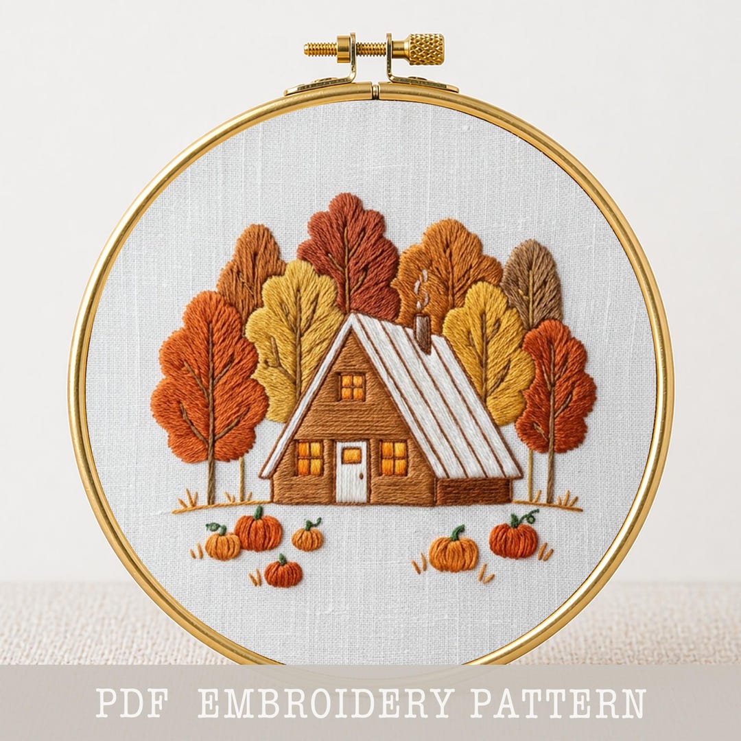 Autumn Cabin Embroidery PDF Pattern Digital Download Fall Trees Hoop ...