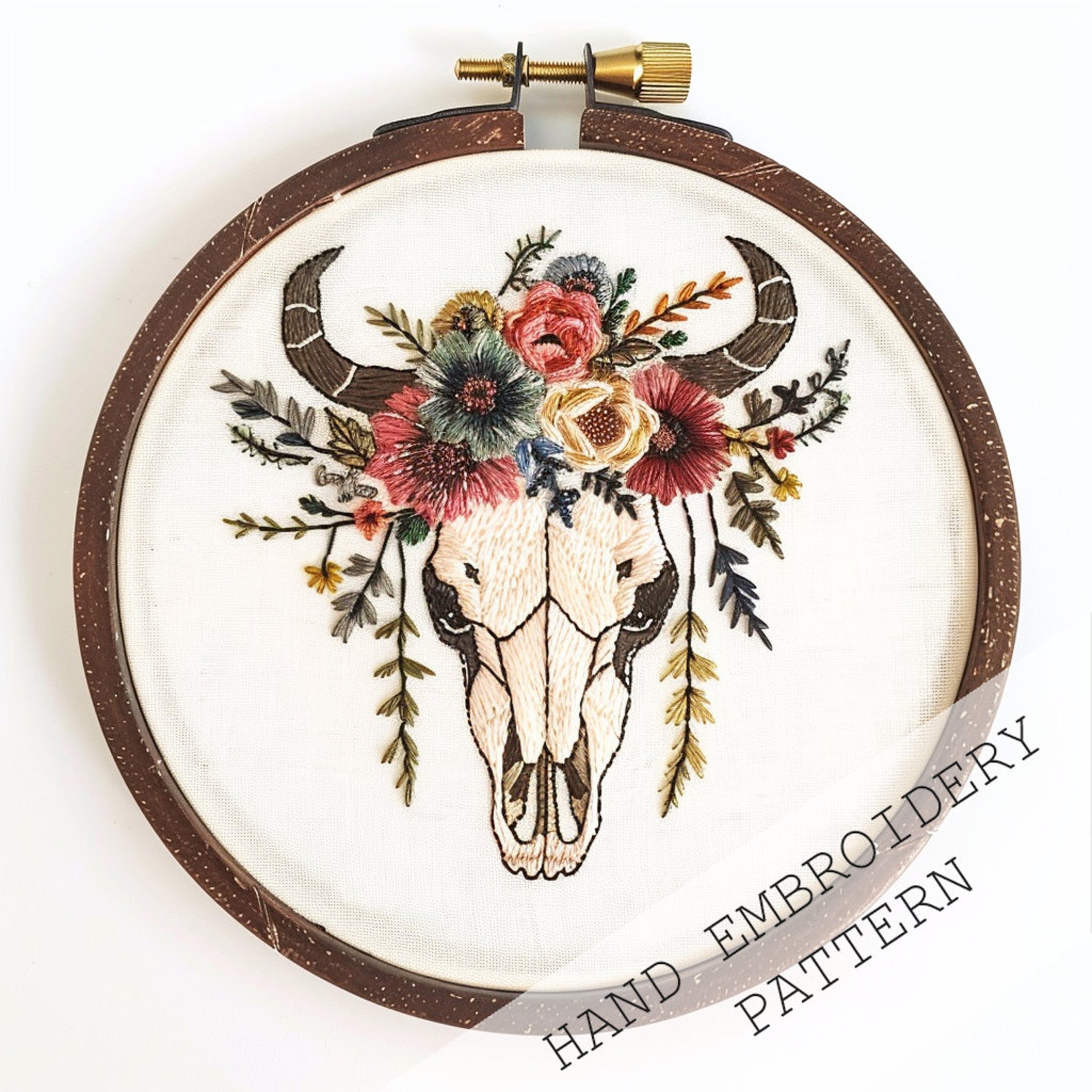 Floral Longhorn Embroidery Pattern: Western Cowgirl Design, Modern ...