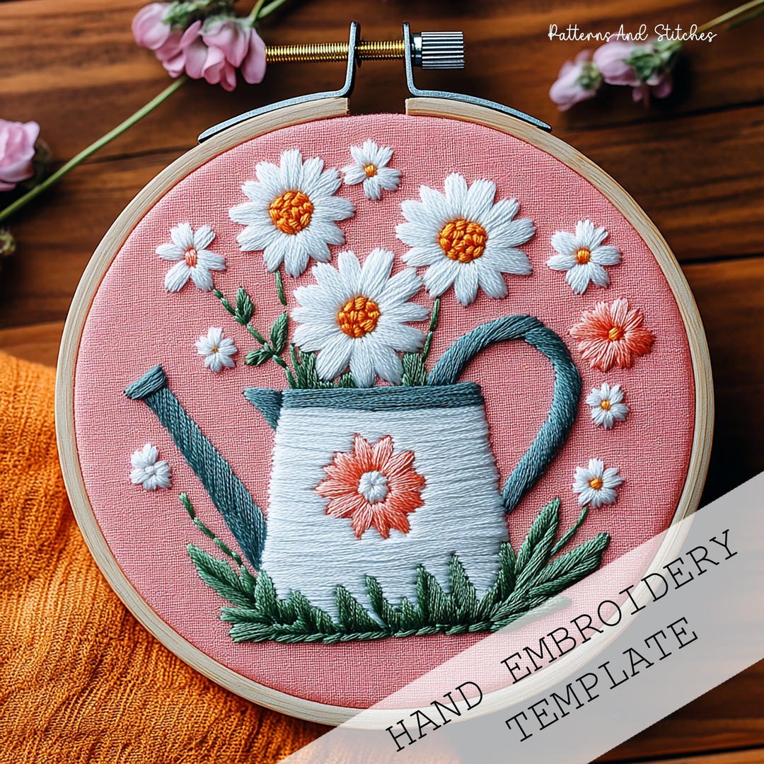 Daisy Watering Can Embroidery Pattern , Floral Hoop Art, Spring Decor ...
