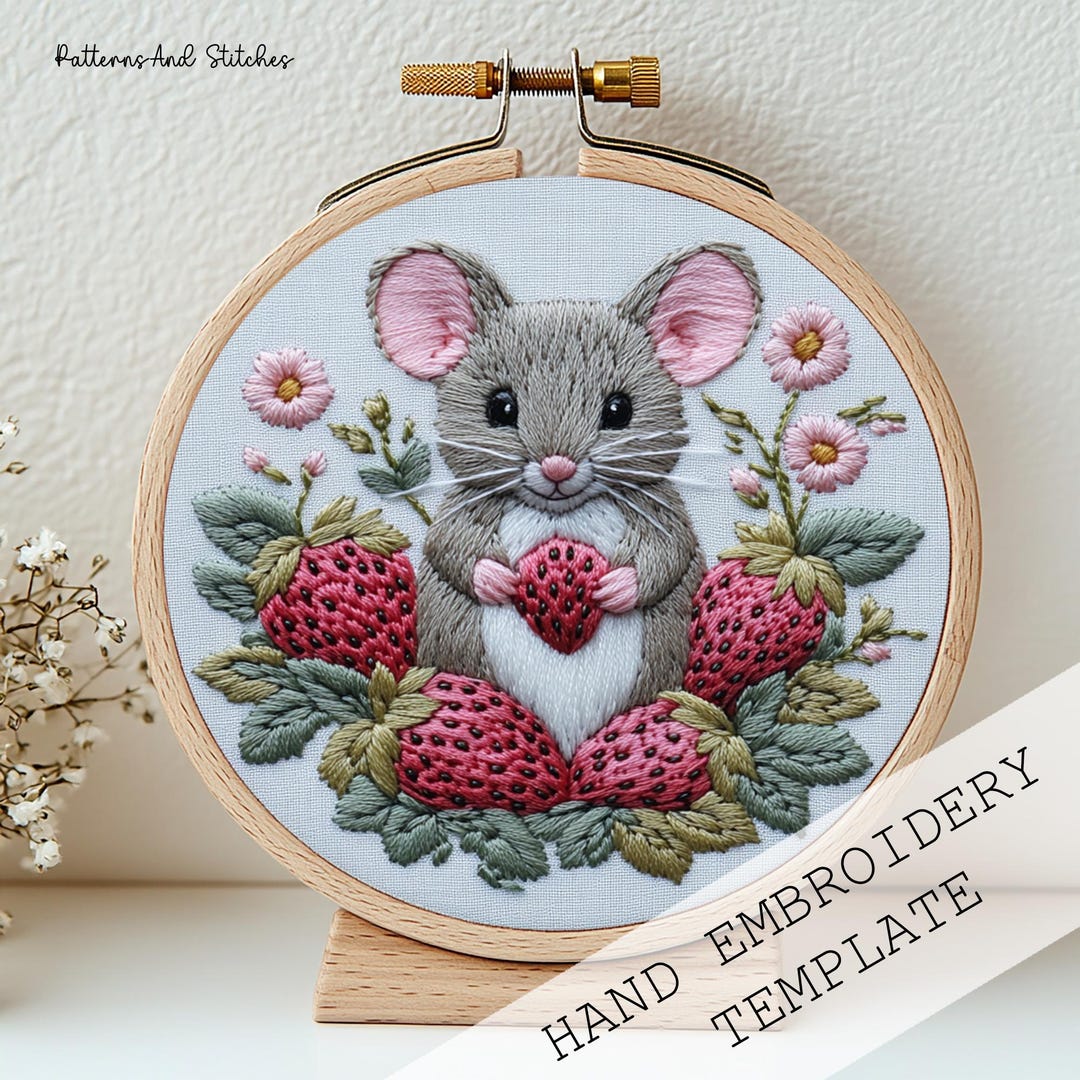Mouse Embroidery Pattern, Mouse and Strawberries, Embroidery Pattern ...
