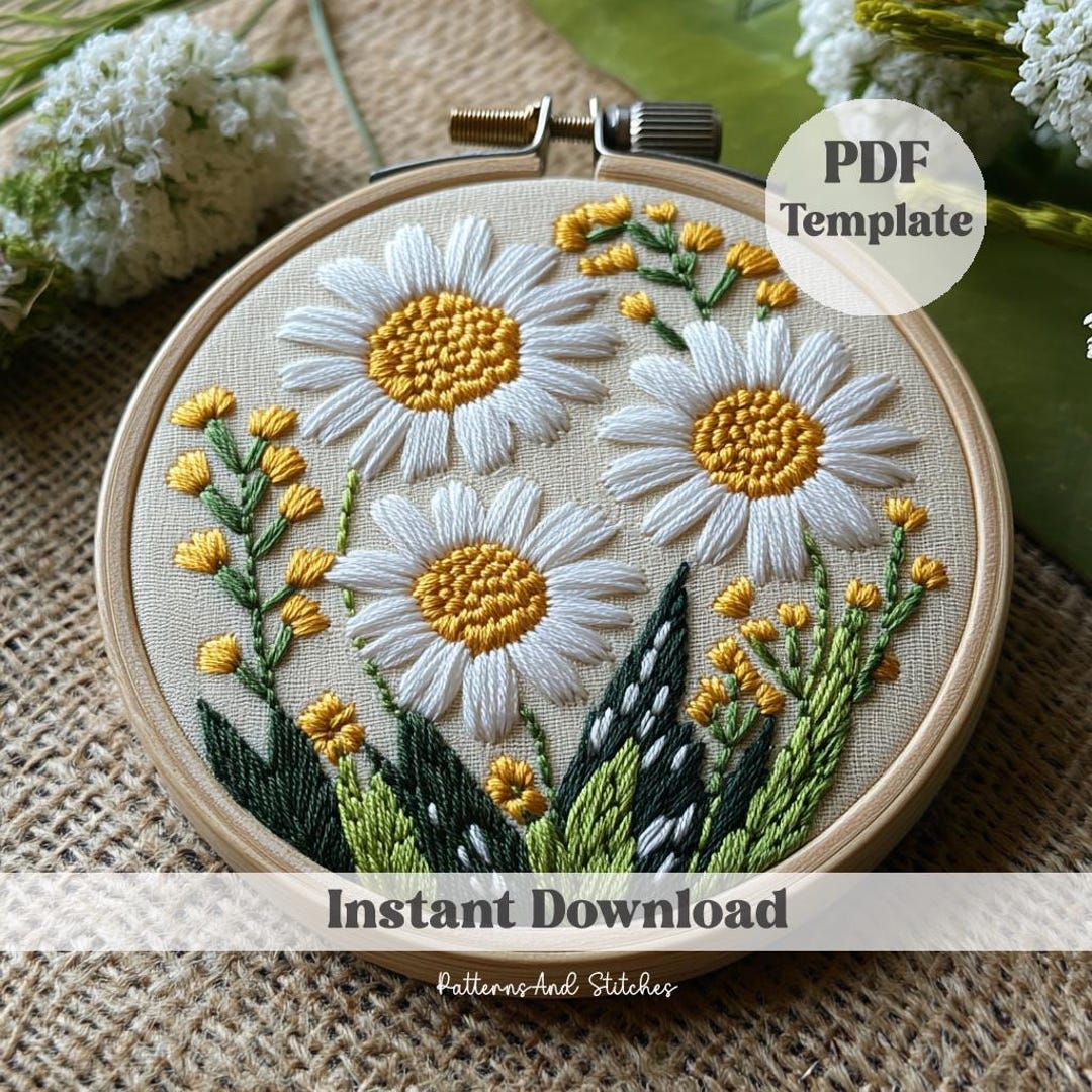 White Daisies Hand Embroidery, Flowers Embroidery, Botanical Art ...