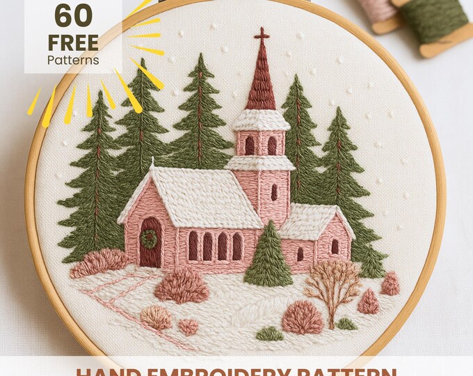 Winter Church Hand Embroidery Pattern, Christmas Church Embroidery ...