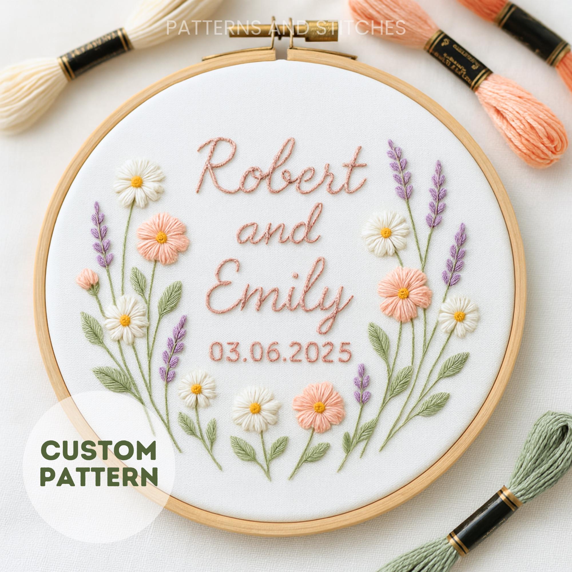 Personalized Floral Embroidery Pattern: Couple Name & Date (PDF Digital ...