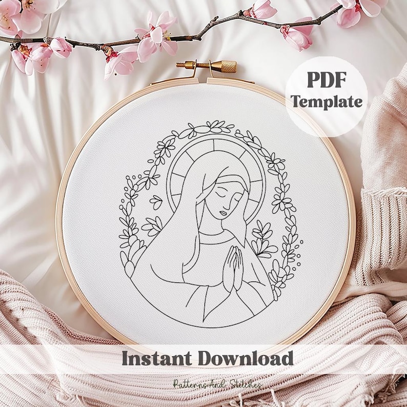 Virgin Mary Embroidery Pattern: Christian Needlepoint Design, Hoop Art ...