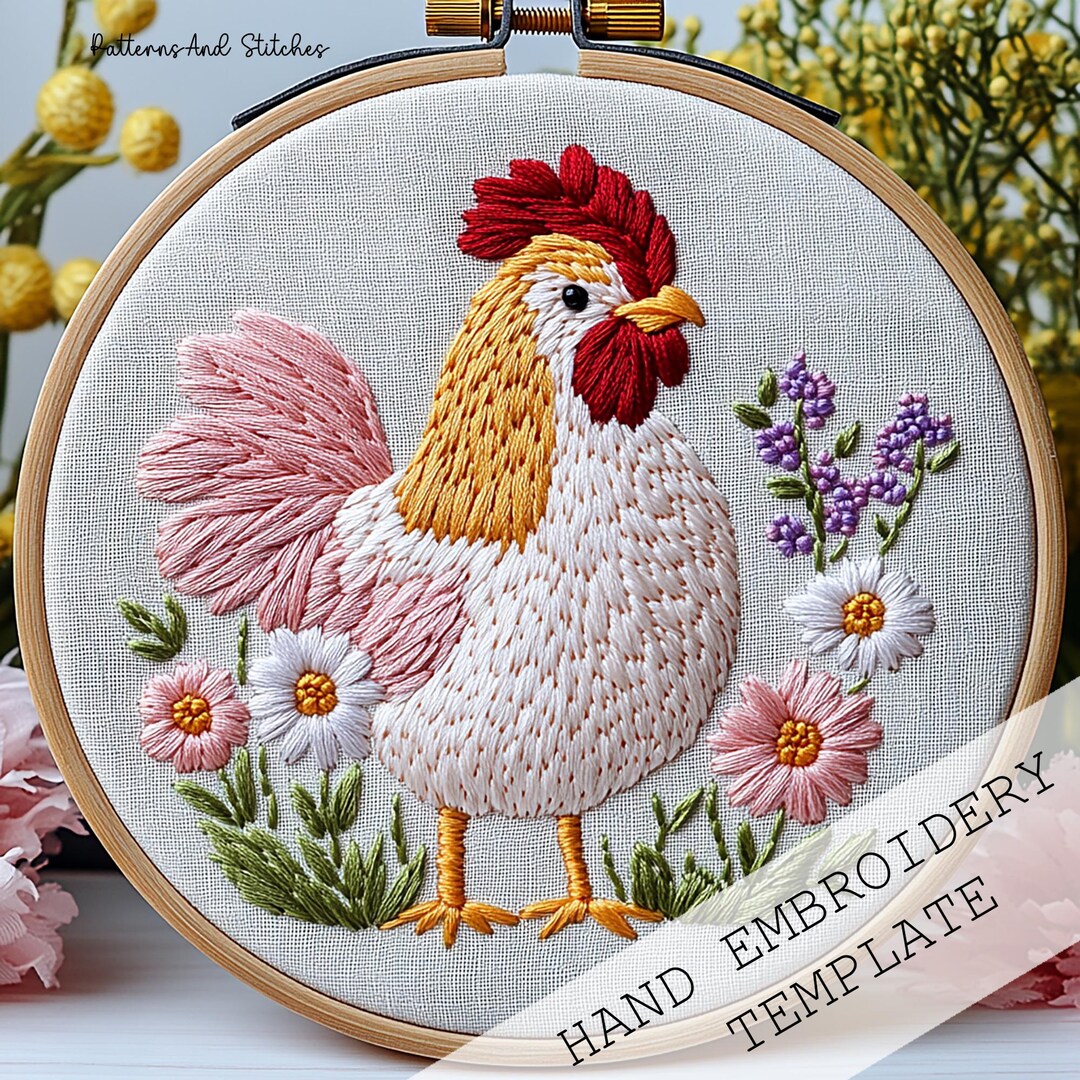 Floral Rooster Hand Embroidery, Chicken Embroidery Pattern, Rustic ...