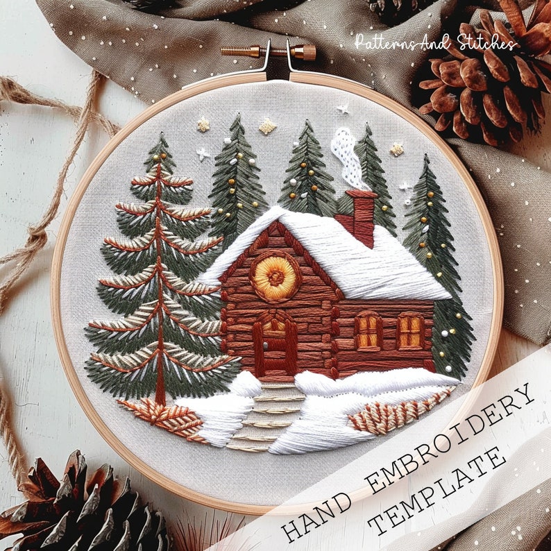 Winter Log Cabin Embroidery Pattern: Christmas Landscape, Printable ...