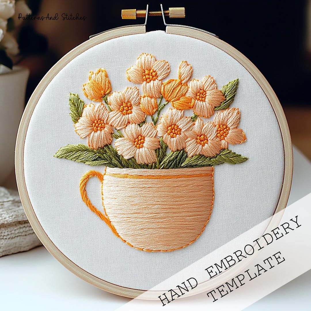 Floral Tea Cup Embroidery Pattern, Tea Cup Embroidery Pattern, Tea Time ...