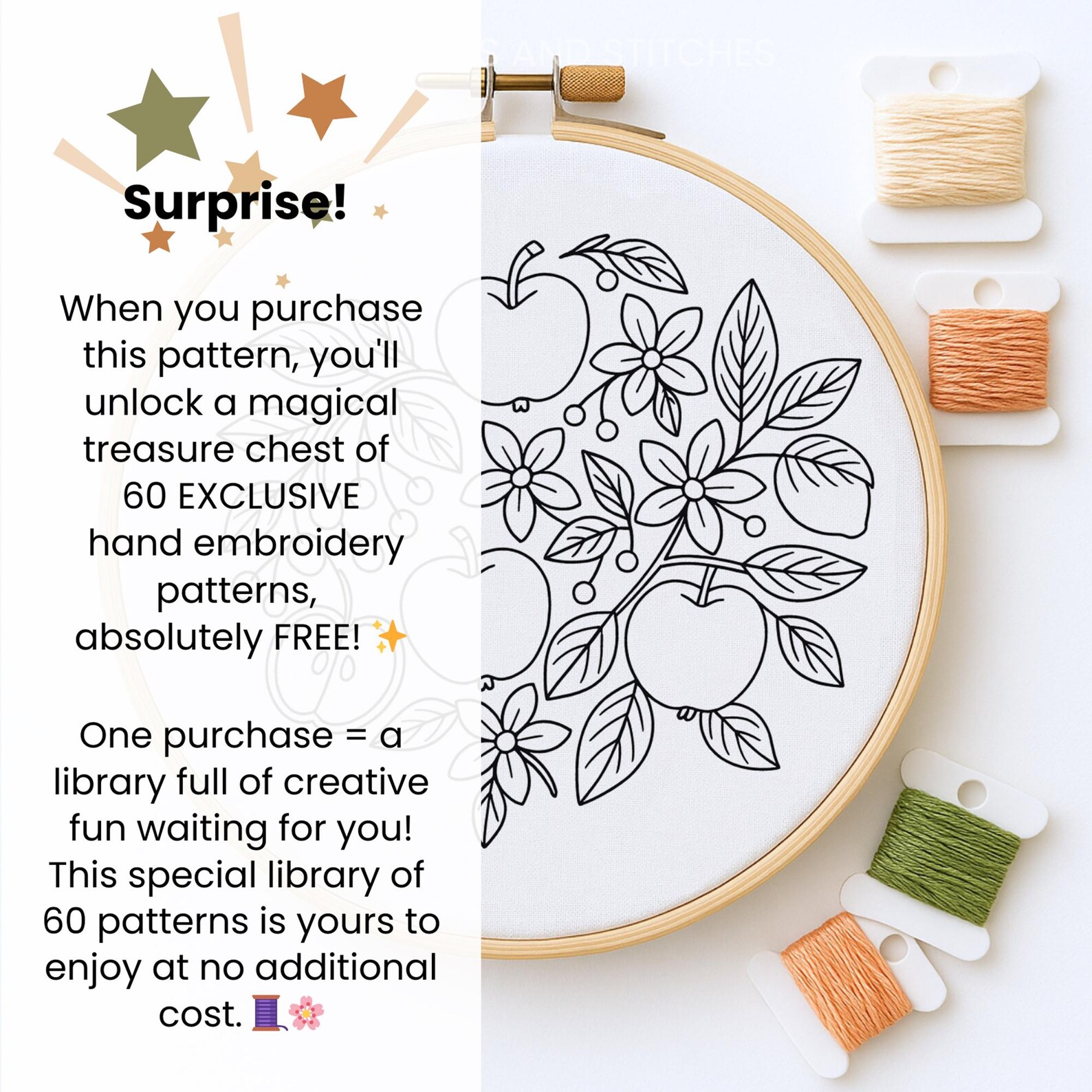 Apples Hand Embroidery Pattern: Autumn Floral DIY Hoop Art, Kitchen ...