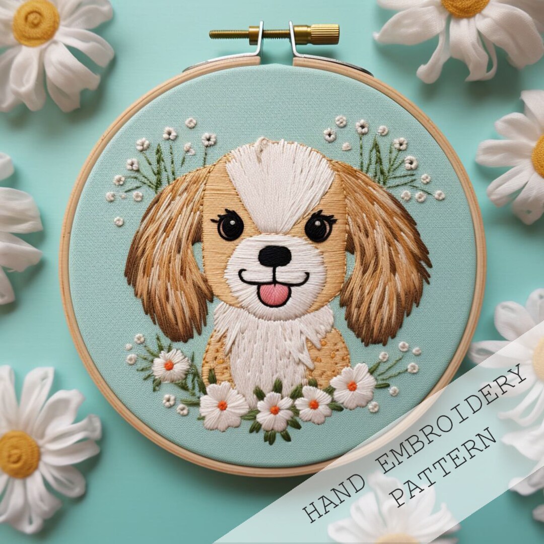 Cute Puppy Embroidery Pattern, Floral Wreath (PDF Template) - Etsy