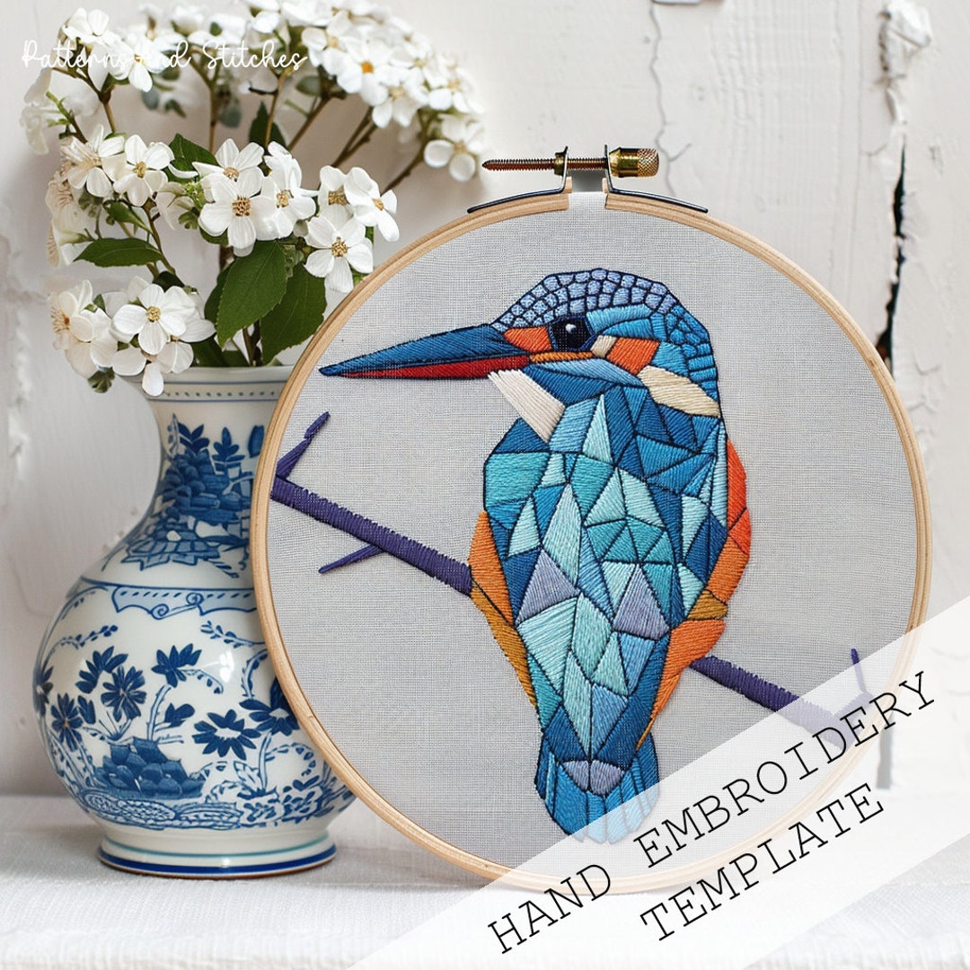 Modern Hand Embroidery Pattern, Geometric Kingfisher, Beginner ...