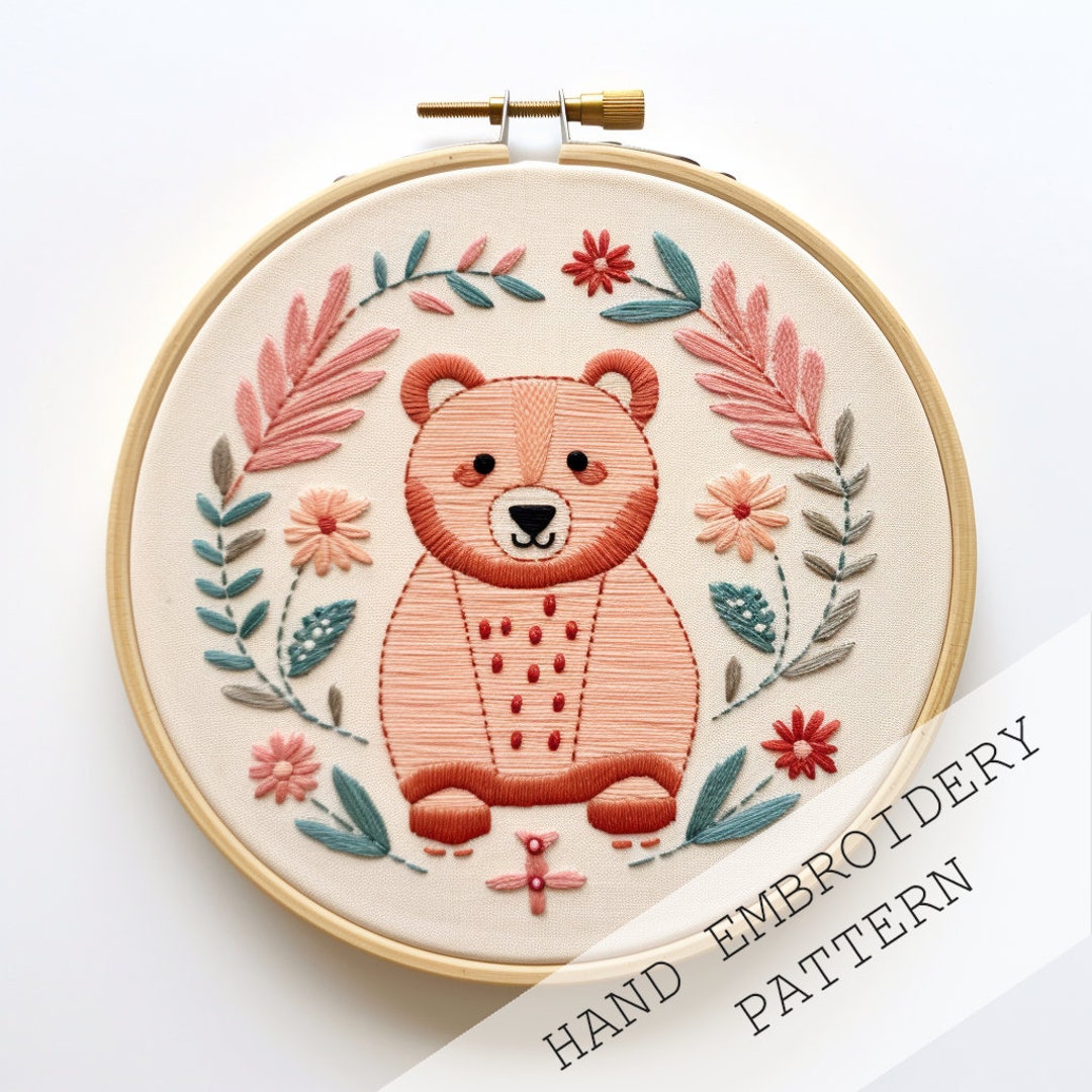 Bear Embroidery Pattern, Bear and Flower, Hand Embroidery, Woodland ...