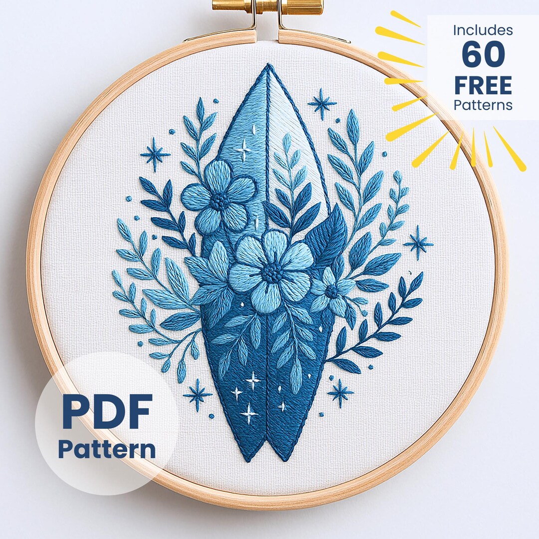 Blue Surfboard Embroidery Pattern: Floral Summer Design (PDF Template ...