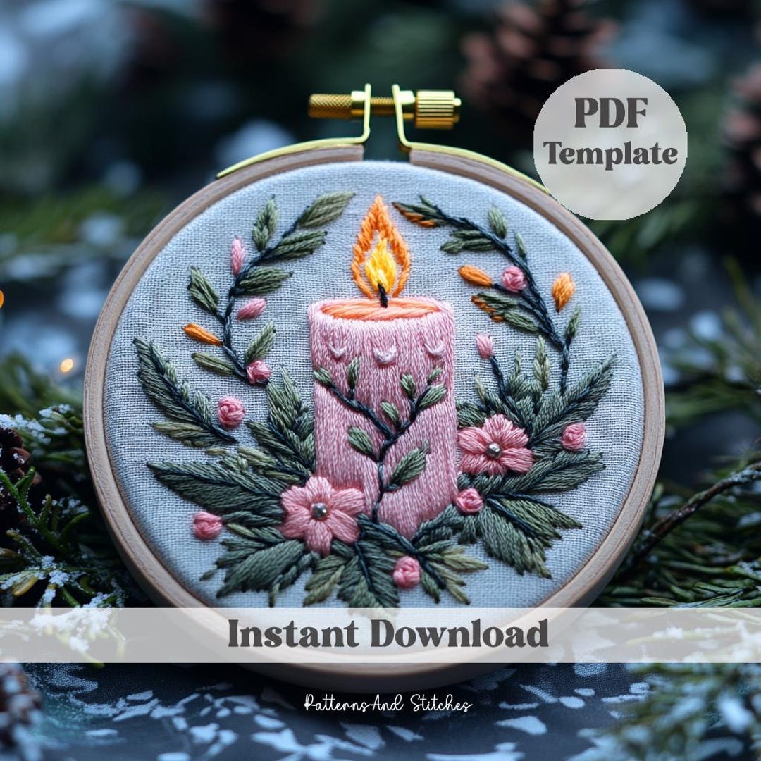Christmas Candle Embroidery Pattern: Winter Floral Design (PDF Template ...