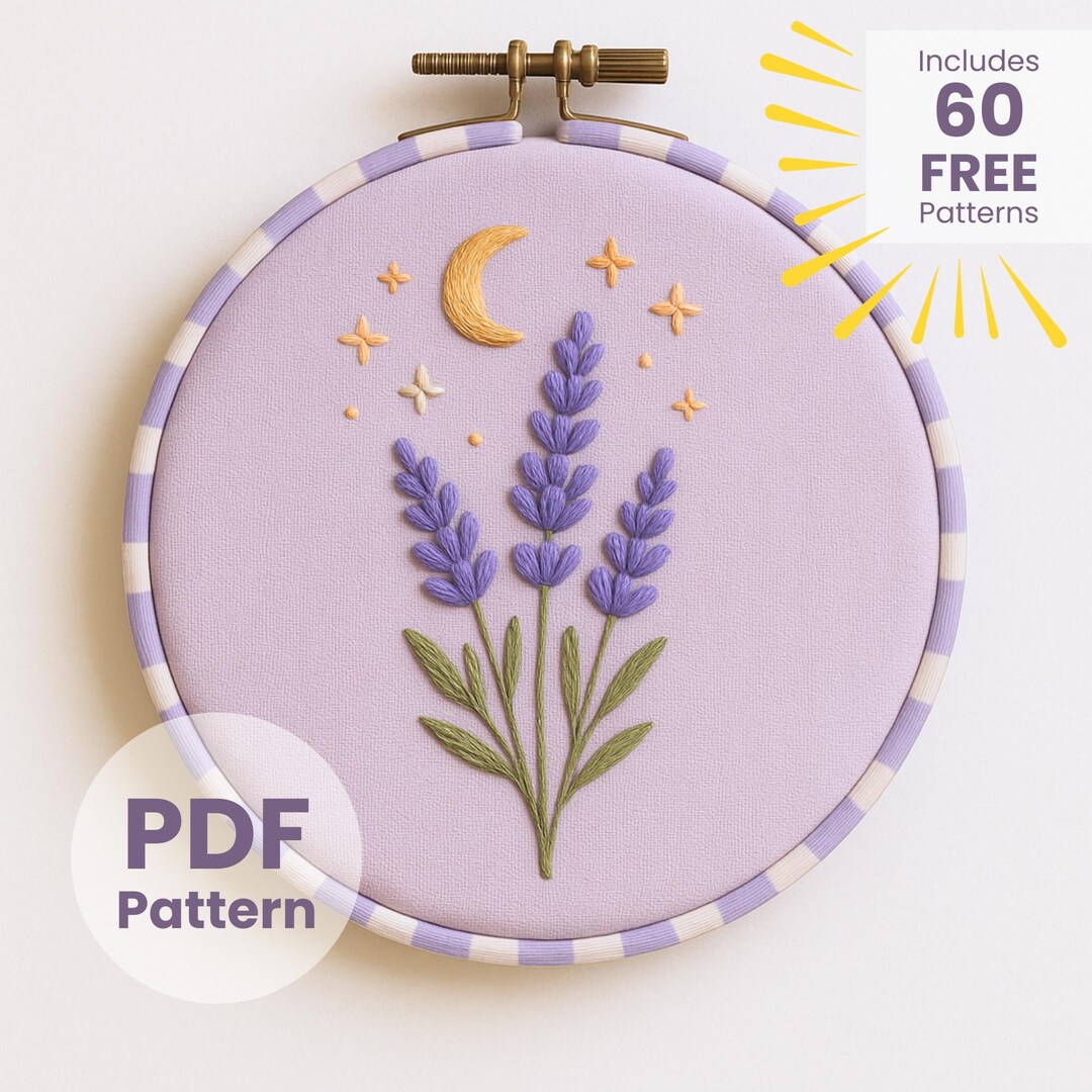 Lavender Night Moon Embroidery Pattern, Calming Herb Stitch Design ...