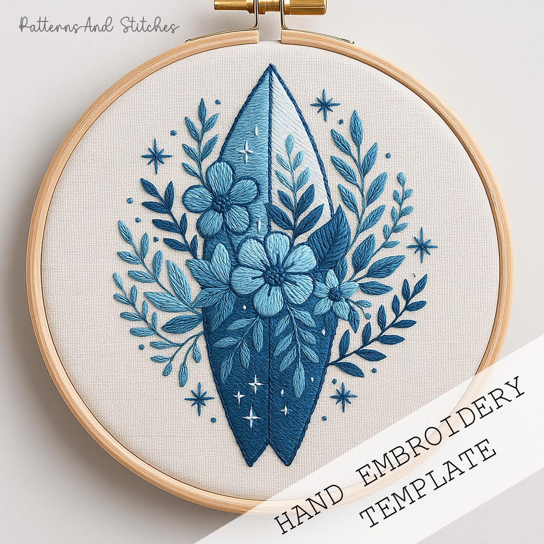 Blue Surfboard Embroidery Template, Floral Surfboard, Summer Embroidery ...