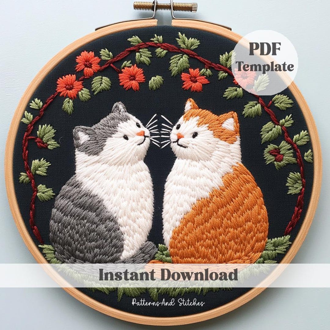 Cats Floral Embroidery Pattern: DIY Animal Design, Hoop Art (PDF ...